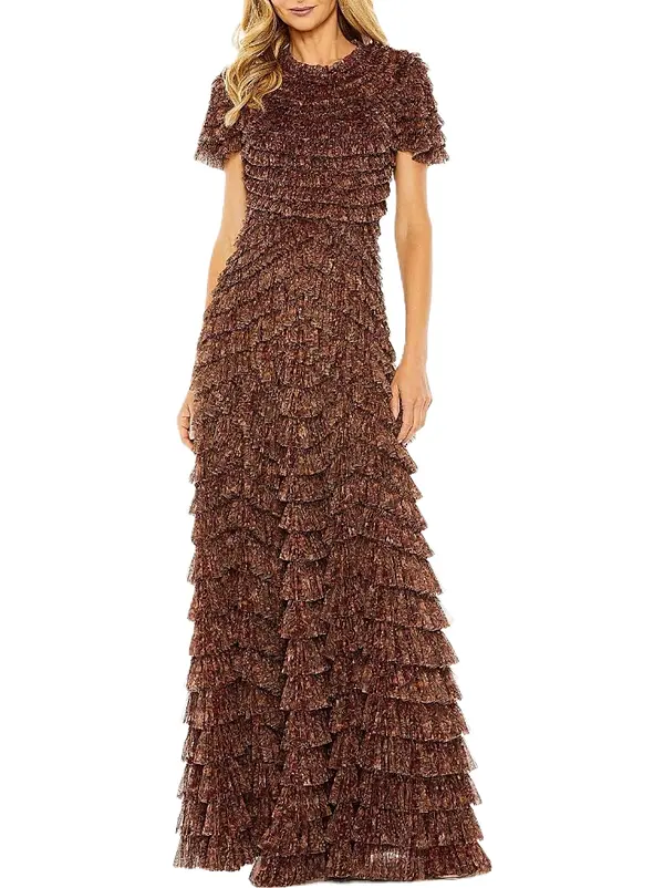 Mac Duggal Ruffle Tiered High Neck Dress - Brown Multi