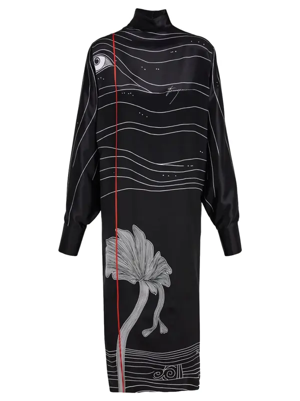 FERRAGAMO Spirit Print Satin Dress - Black