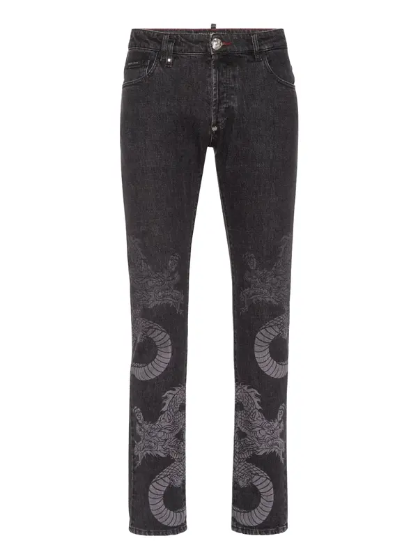 Philipp Plein Dragon-print Straight-leg Jeans - Grey