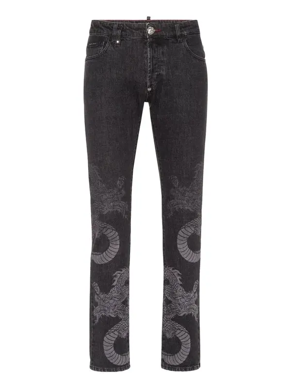 Philipp Plein Dragon-print Straight-leg Jeans - Grey
