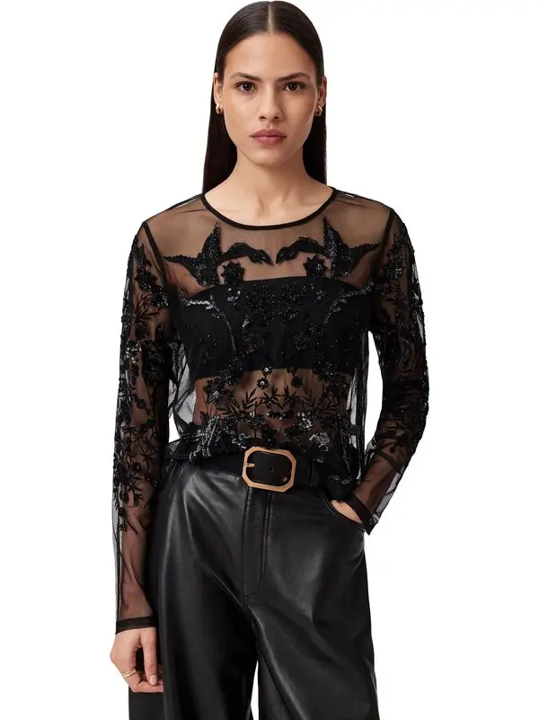 ALLSAINTS Greta Embellished Tulle Top - Black
