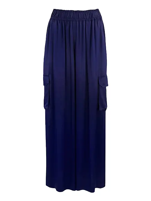 RO&ZO Elasticated-waist Wide-leg Satin Cargo Trousers - Blue