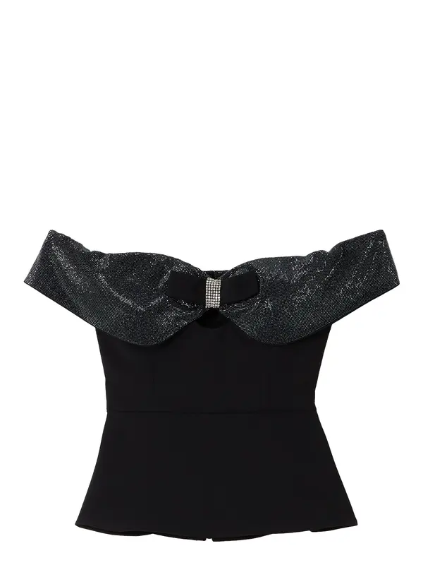 SELF-PORTRAIT Off-the-shoulder Bow And Crystal Top - Black