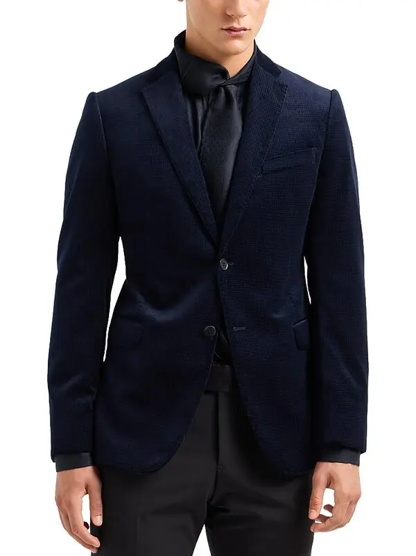 Emporio Armani Cotton Velvet Check Slim Fit Blazer - Blue