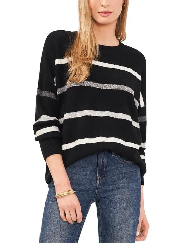 Vince Camuto Striped Sequined Sweater - Rich Black