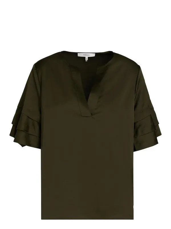 FRAME Ruffled Satin Blouse - Army Green