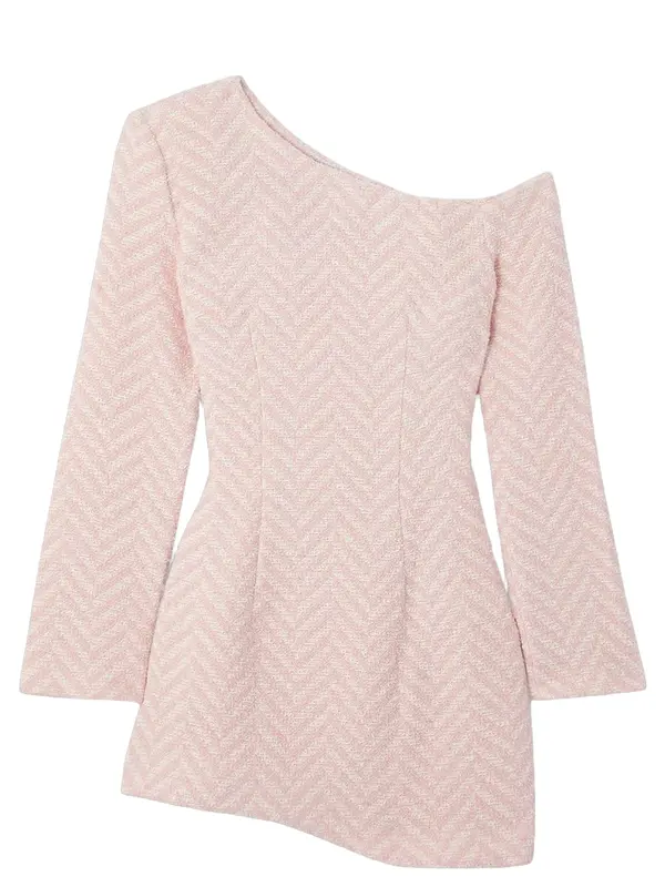 ROWEN ROSE Asymmetric Herringbone Tweed Mini Dress - Baby Pink