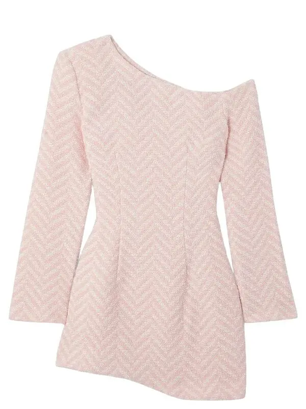 ROWEN ROSE Asymmetric Herringbone Tweed Mini Dress - Baby Pink