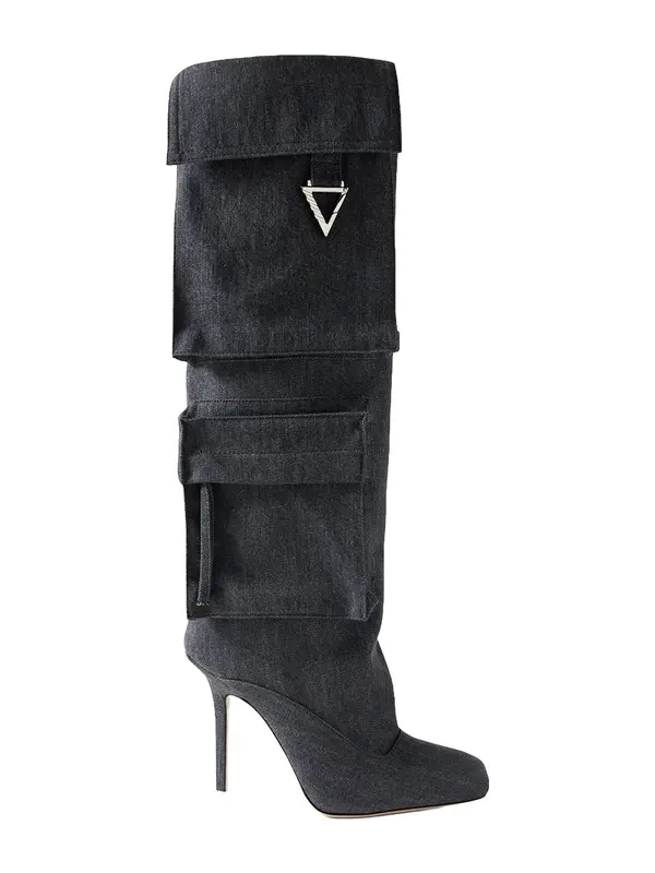 Attico Sienna Embellished Denim Knee Boots - Dark Gray