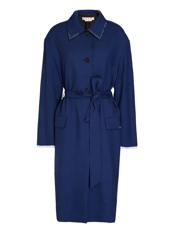 Marni Belted Embroidered Wool Coat - Indigo