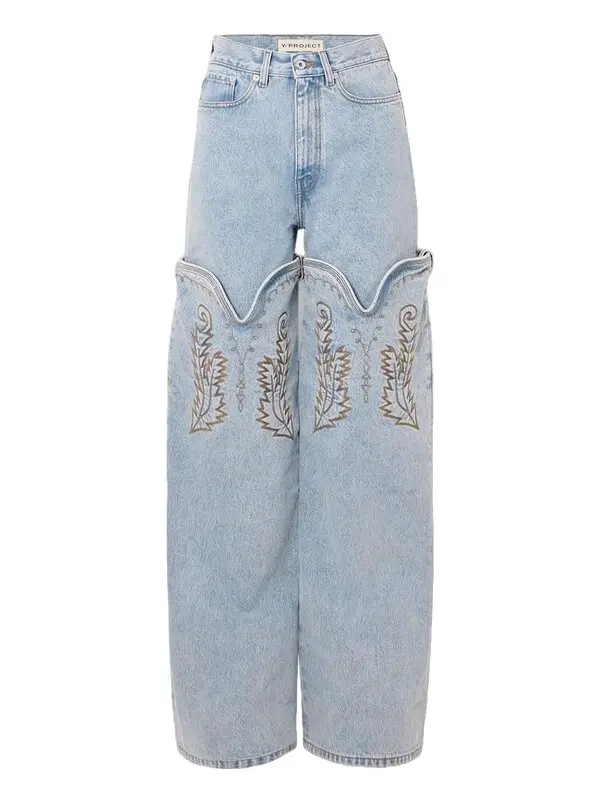 Y/project Evergreen Convertible Embroidered Wide-leg Jeans - Light Denim