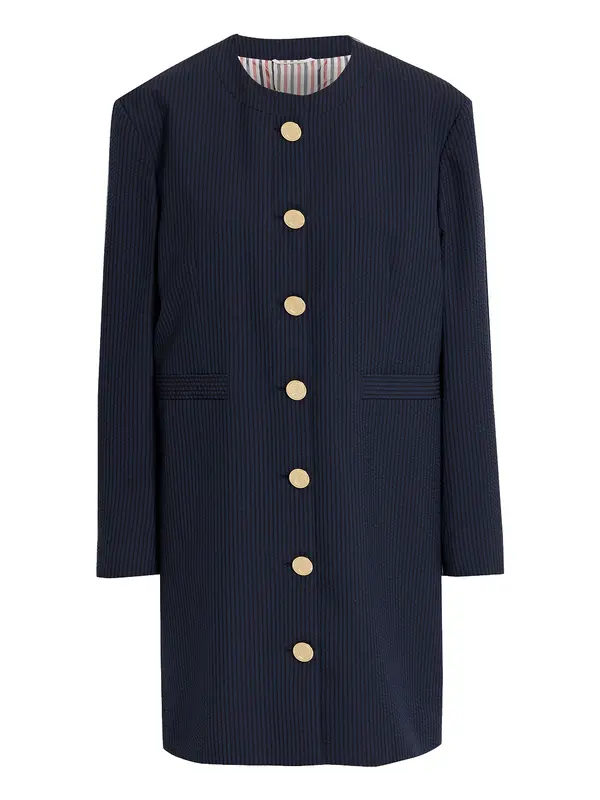 Thom Browne Striped Wool-seersucker Coat - Navy