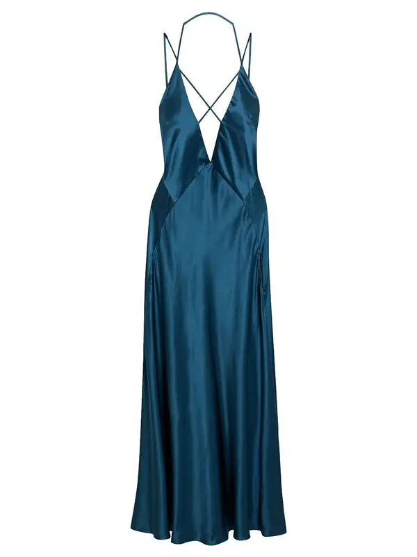 Michelle Mason Strap-detailed Silk-satin Maxi Dress - Petrol