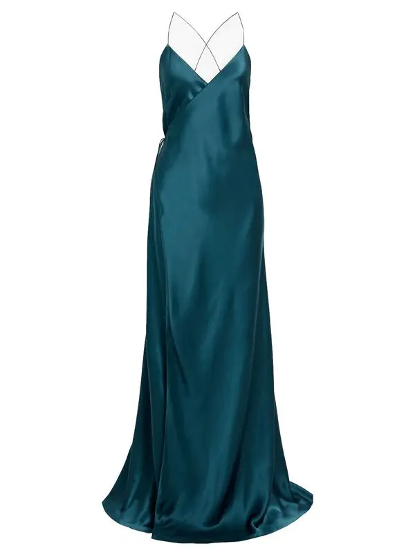 Michelle Mason Silk-satin Wrap Gown - Petrol