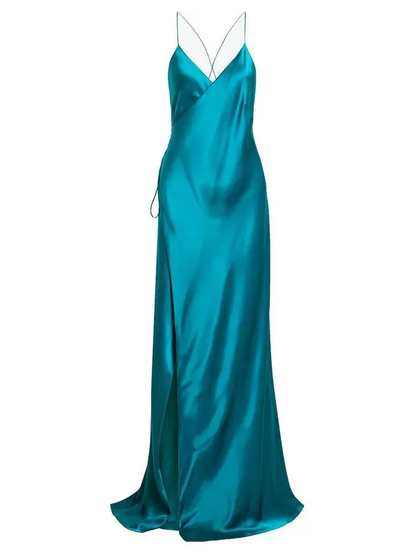 Michelle Mason Silk-satin Wrap Gown - Teal