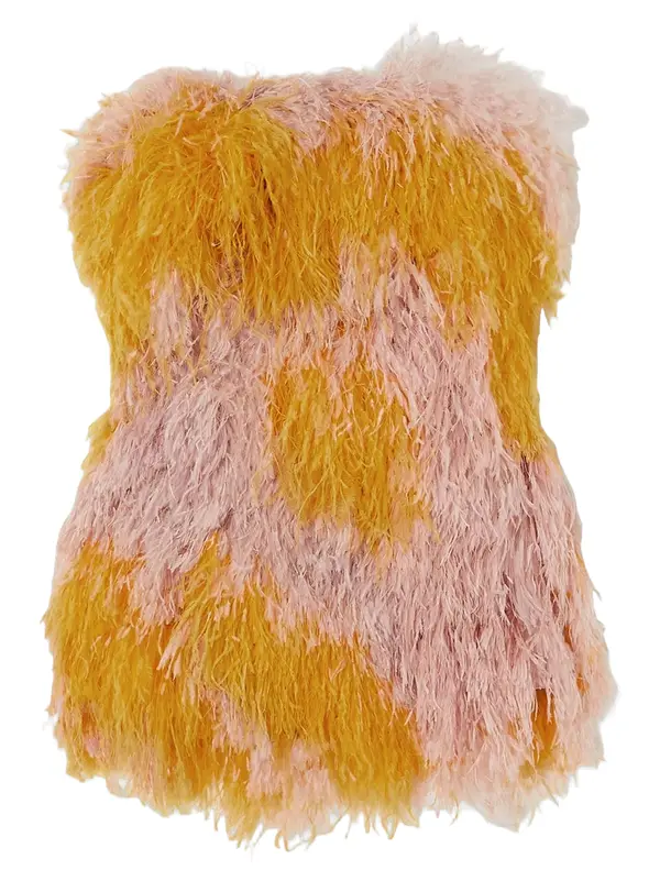 RALPH&RUSSO Strapless Feather-embellished Silk-satin Mini Dress - Yellow