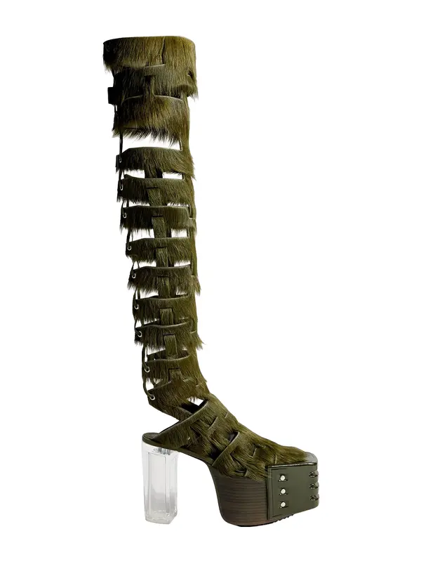 Rick Owens Kiss Lace-up Calf Hair Thigh Boots - Leaf Green