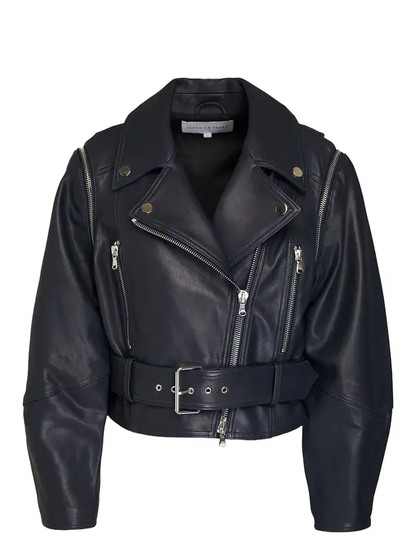Veronica Beard Jylan Convertible Leather Biker Jacket - Navy