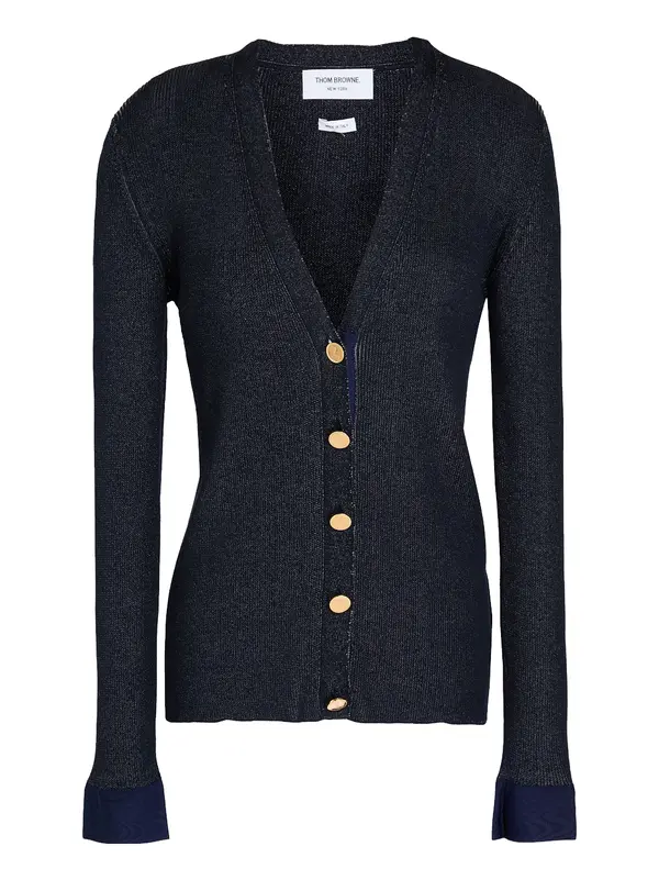 Thom Browne Marled Ribbed Silk Cardigan - Navy