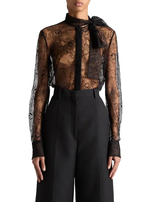 Valentino Garavani Sheer Floral Lace Tie Neck Shirt - Nero