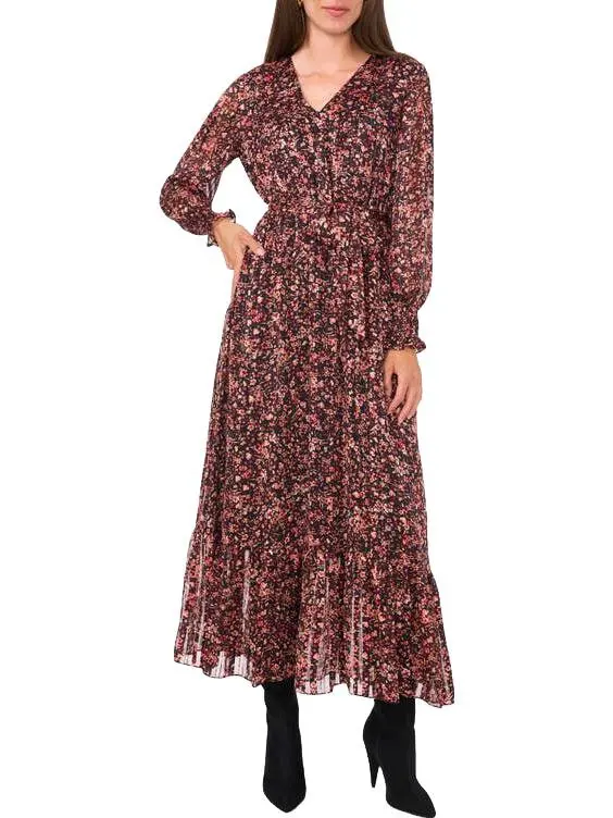 Vince Camuto Floral Maxi Dress With Metallic Stripes - Rich Black