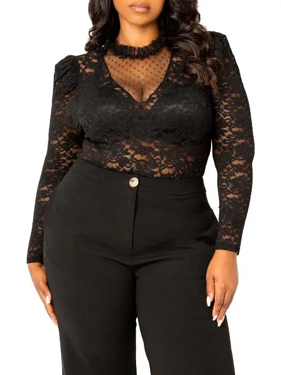 BUXOM COUTURE Sheer Stretch Lace Long Sleeve Bodysuit - Black