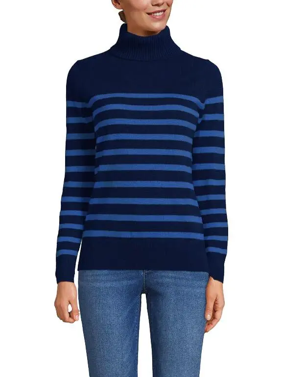 LANDS' END Cashmere Turtleneck Sweater - Navy/cobalt Placed Stripe