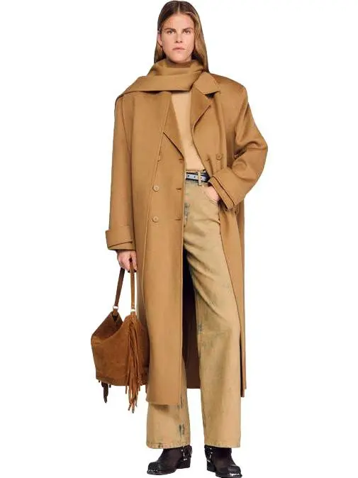 Sandro Oversized Wool Coat With Scarf - Camel