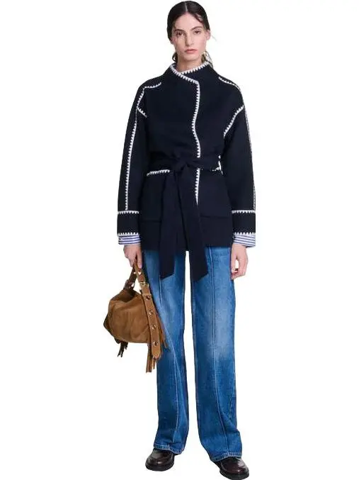 Maje Double-faced Belted Wrap Coat With Patch Pockets - Navy/white
