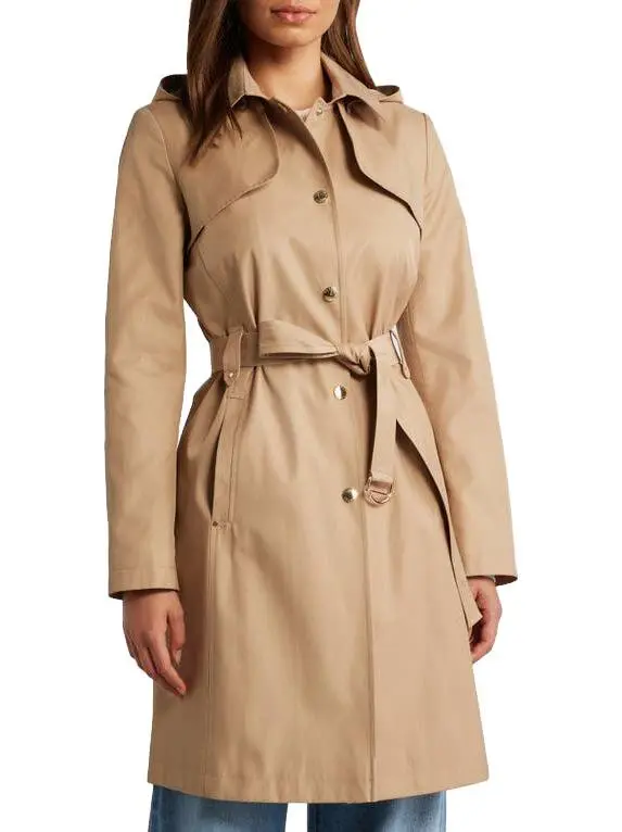 Via Spiga Water Resistant Cotton Blend Coat With Removable Hood - Camel