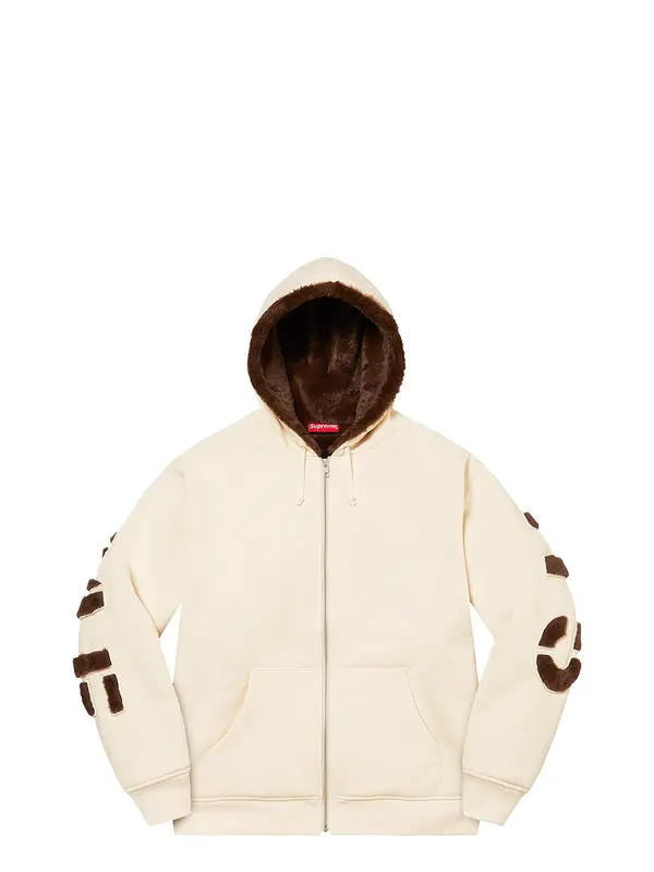 Supreme Faux Fur Lined Zip Up Hooded Sweatshirt - Cream
