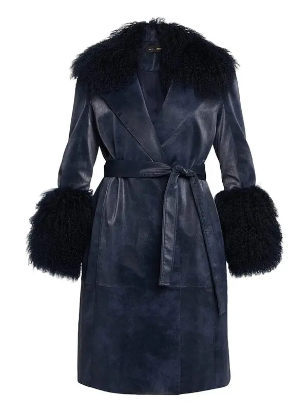 Kobi Halperin Crinkled Coat With Shearling Trim - Navy