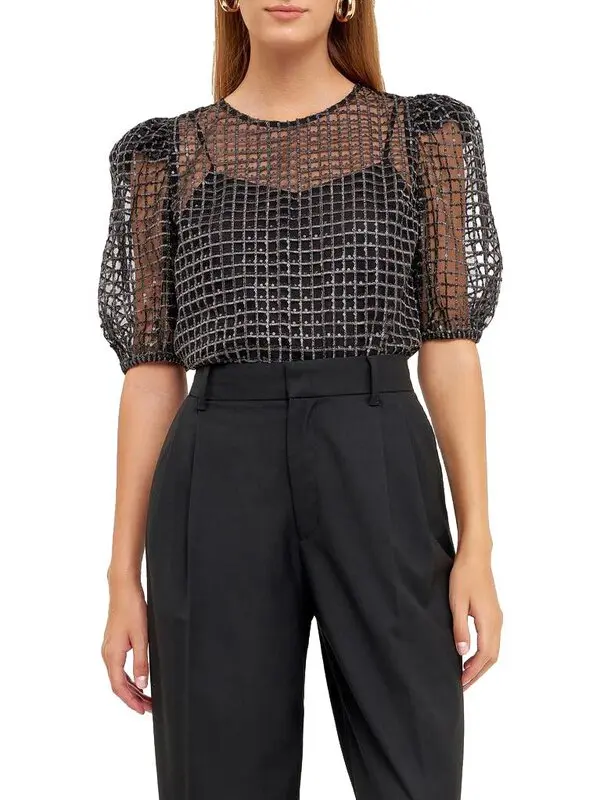 Endless Rose Sequin Grid Mesh Top - Black