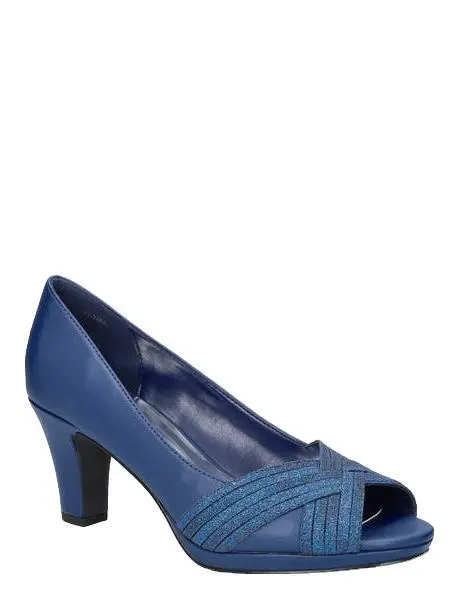 EASY WORKS BY EASY STREET Lavish Peep Toe Pumps - Navy Satin