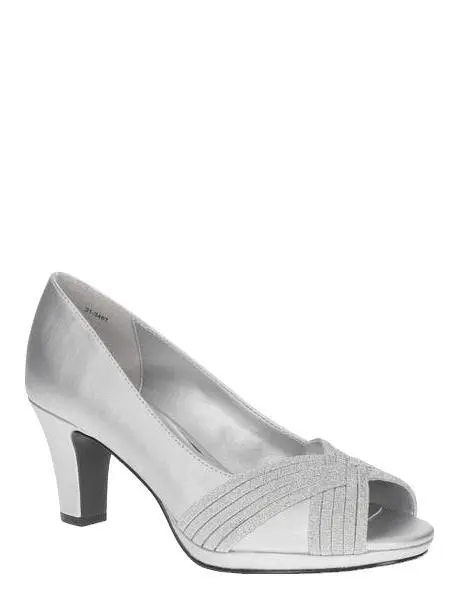 EASY WORKS BY EASY STREET Lavish Peep Toe Pumps - Silver Satin