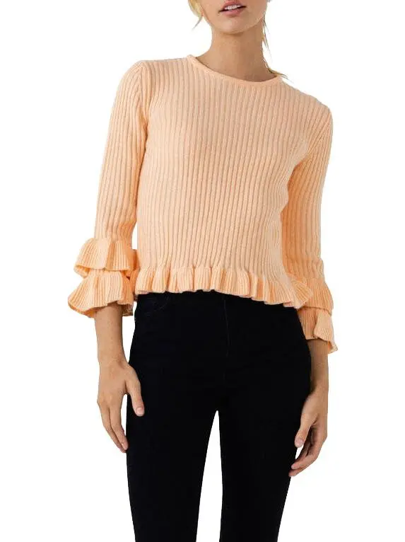 English Factory Rib Ruffle Edge Sweater - Pink
