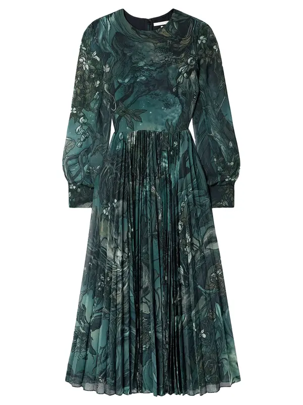 JASON WU Printed Plissé-chiffon Midi Dress - Blue