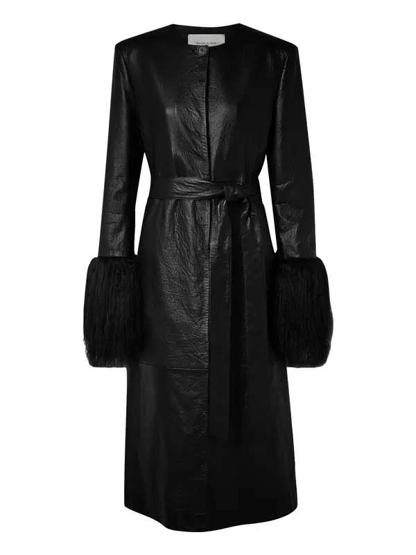 Magda Butrym Belted Textured-leather Coat With Faux Fur Trim - Black