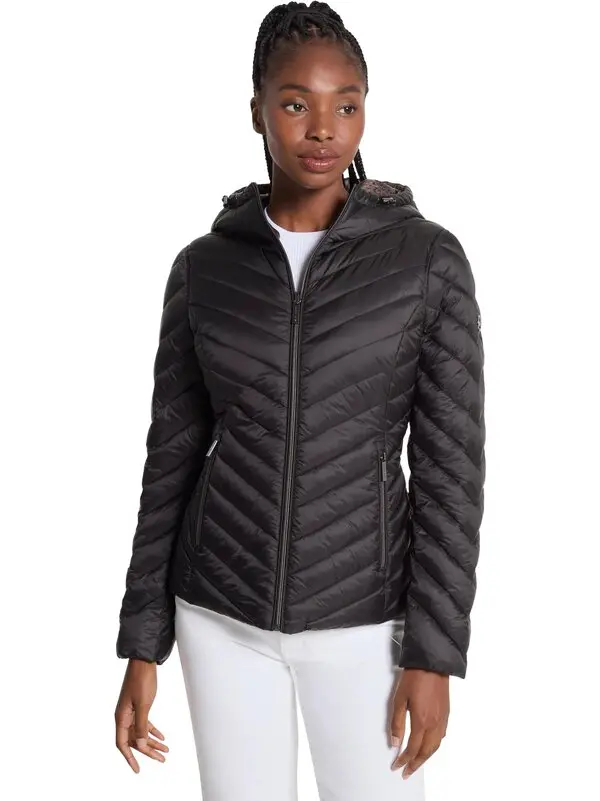 Michael Kors Chevron Logo Print Quilted Nylon Reversible Jacket - Black