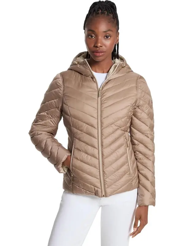 Michael Kors Chevron Logo Print Quilted Nylon Reversible Jacket - Brown