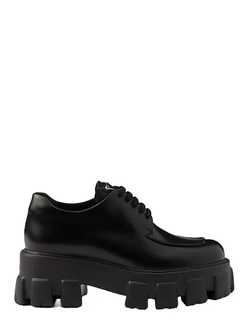 Prada Monolith Brushed Leather Lace-up Shoes - Black