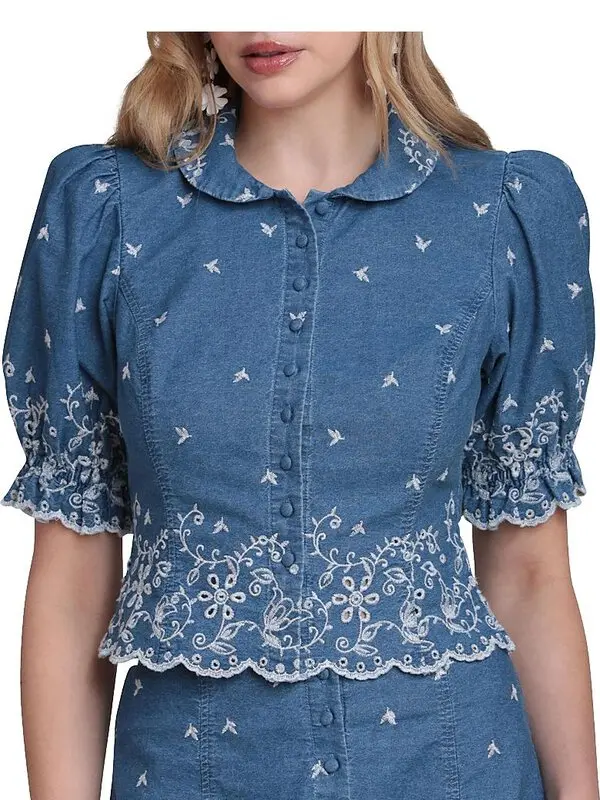 Avec Les Filles Chambray Embroidered Top - Needle Blue