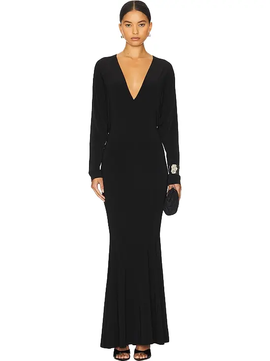 Norma Kamali Dolman V Neck Fishtail Gown - Black