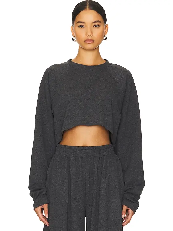 Norma Kamali Oversized Raglan Sleeve Cropped Top - Dark Heather Grey