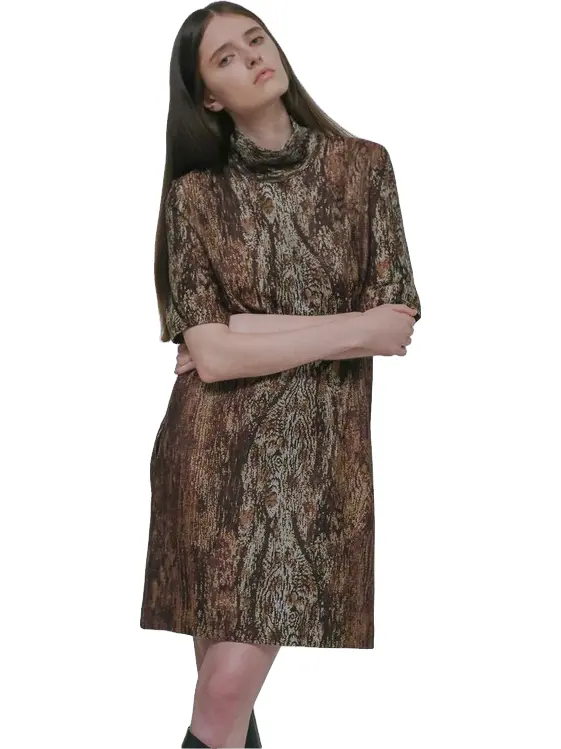Rosetta Getty Woodgrain Interlock Jacquard Turtleneck Shift Dress - Brown