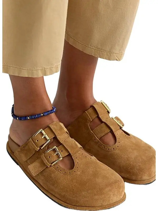 Free People Shoreditch Buckle Mules - Camel Suede