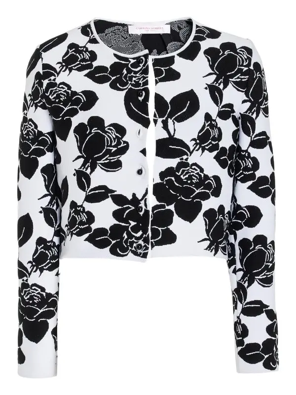 Carolina Herrera Floral Jacquard Knit Cropped Cardigan - Black,white