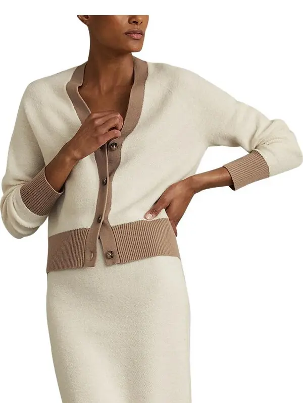 REISS Brie Color Blocked Cardigan - Cream/camel