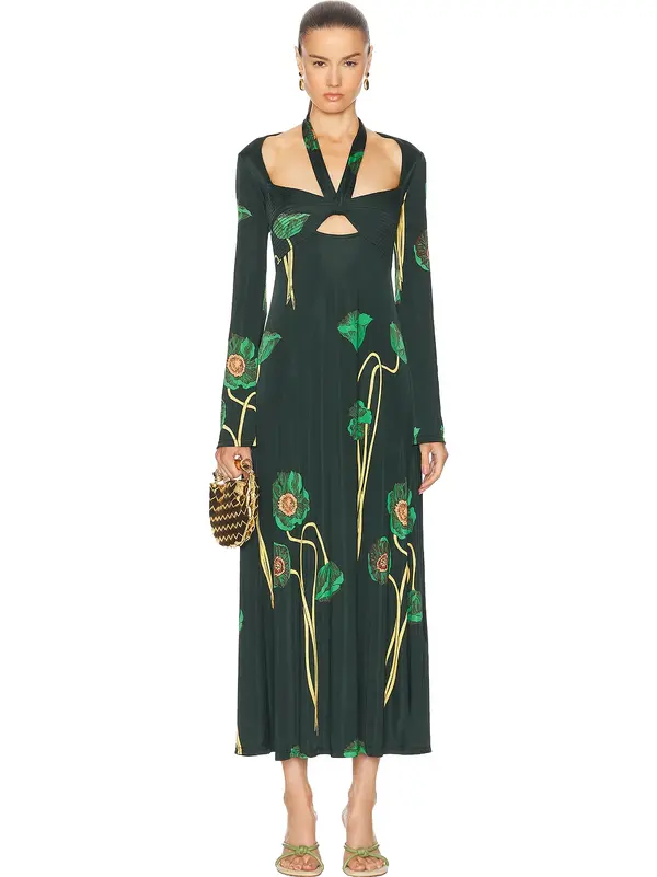 Johanna Ortiz Paisaje Lejano Ankle Dress - Papaver Somniferum  Green  Yellow  & Pea