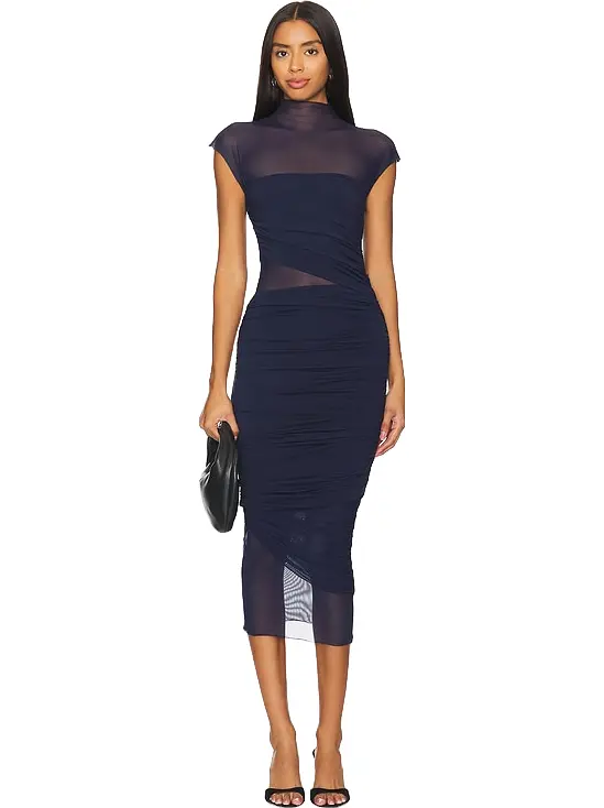 SEROYA Tabitha Mesh Ruched Midi Dress - Sapphire
